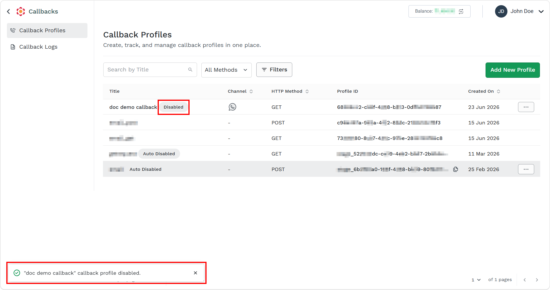 Disable a Callback Profile