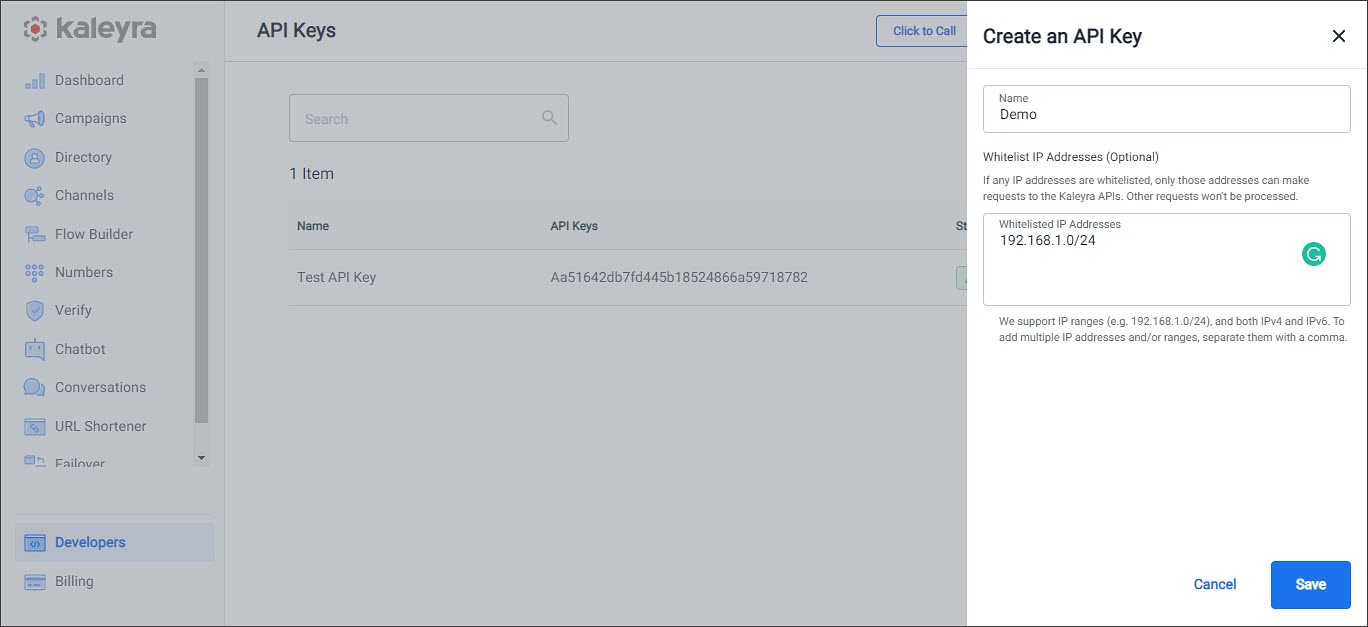 Create Kaleyra Cloud API key for Omnichannel messaging CPaaS