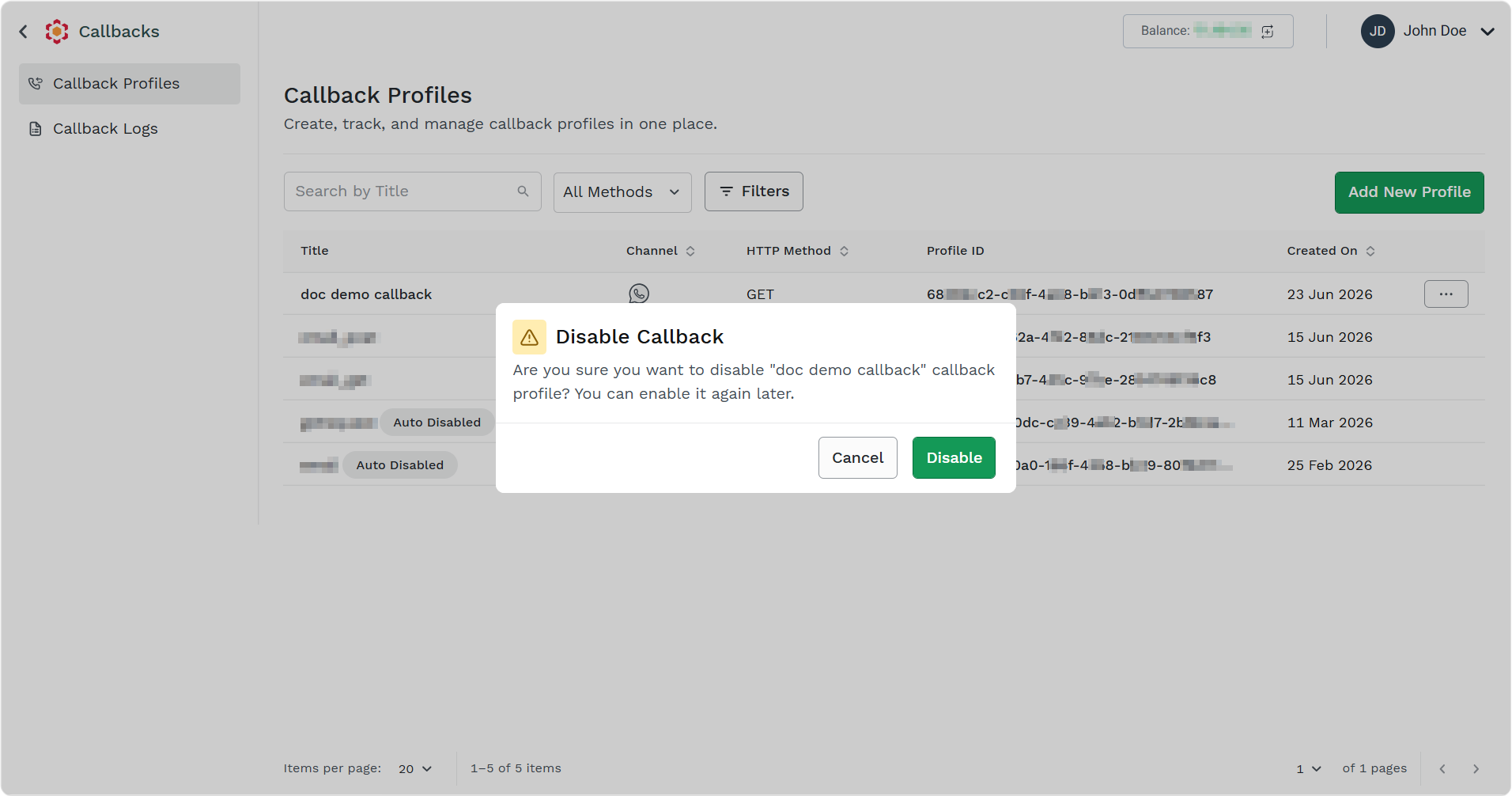 Disable a Callback Profile