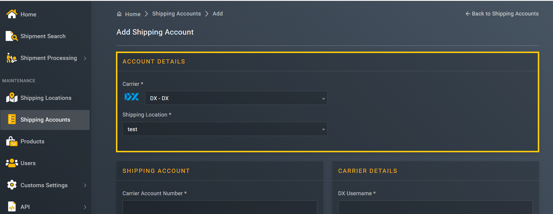 DX shipping account setup