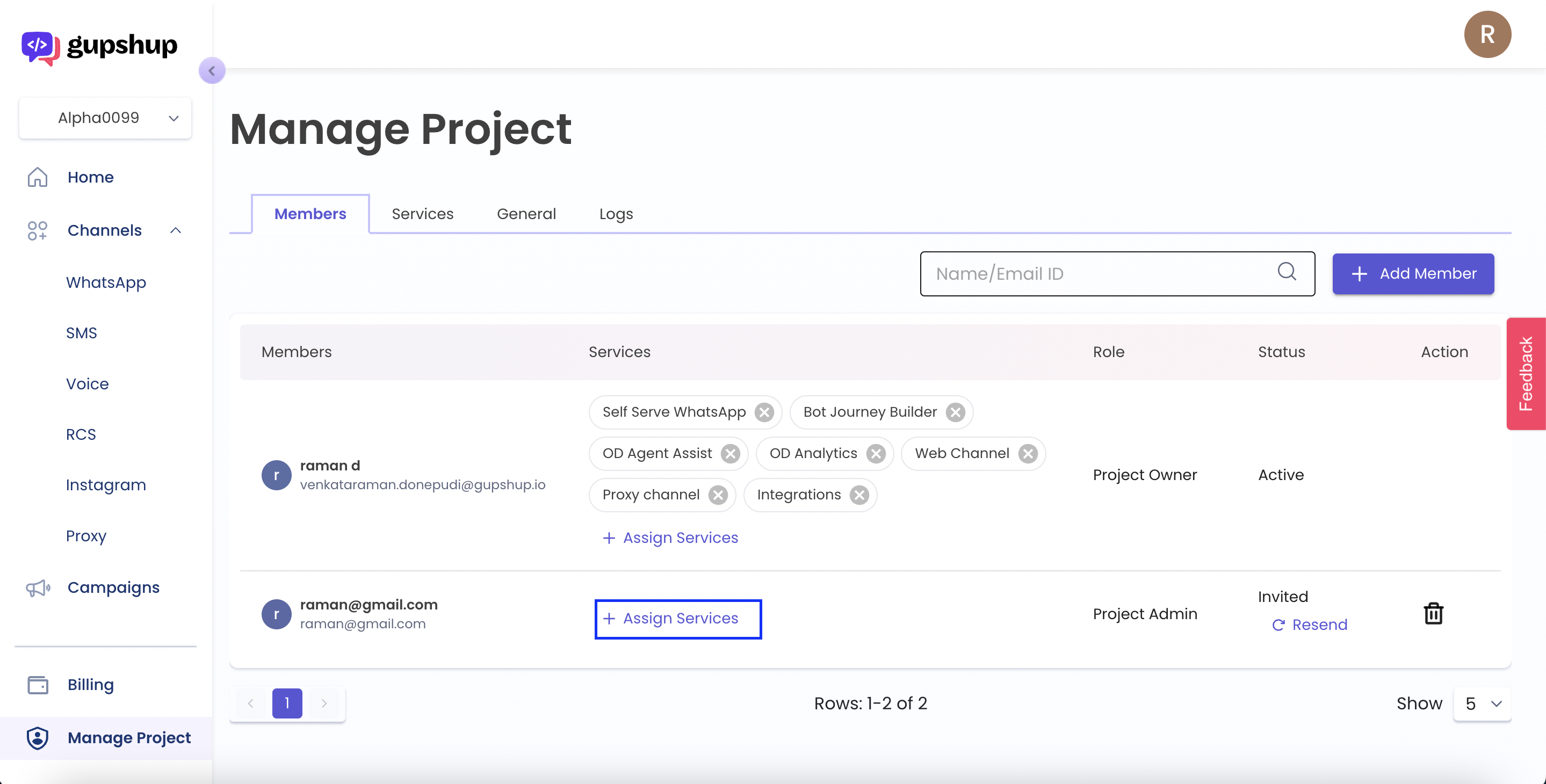 Assign/unassign Services to a Member
