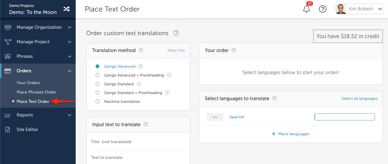 Ordering translations for custom text