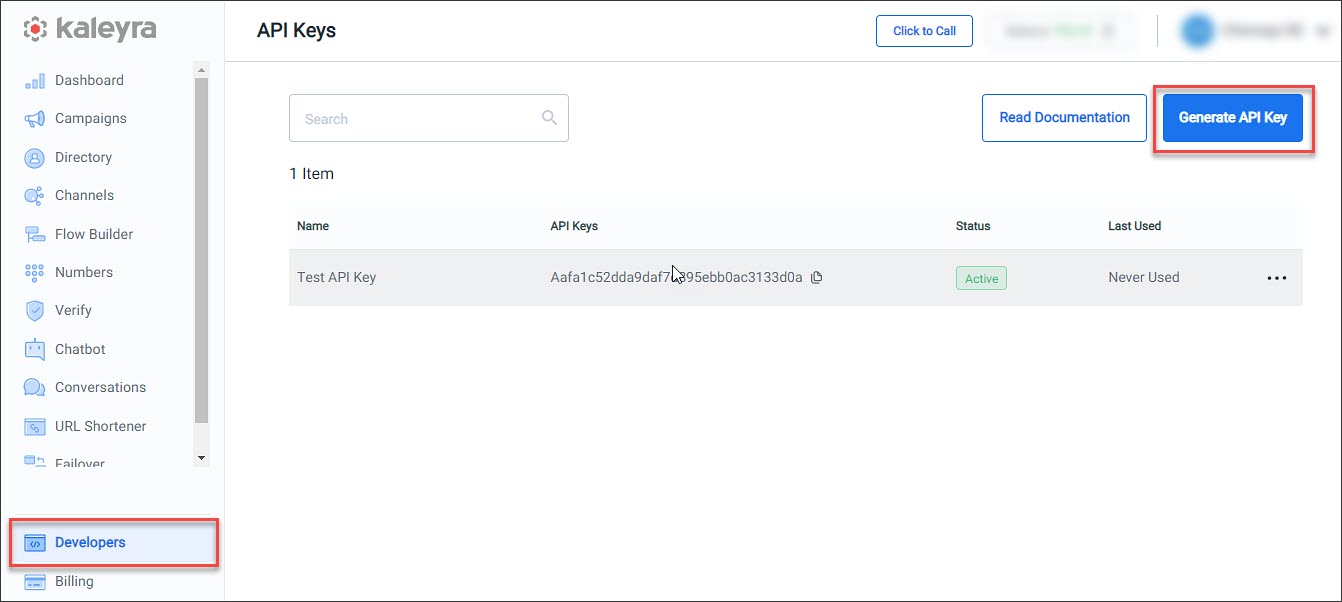 Create Kaleyra Cloud API key for Omnichannel messaging CPaaS