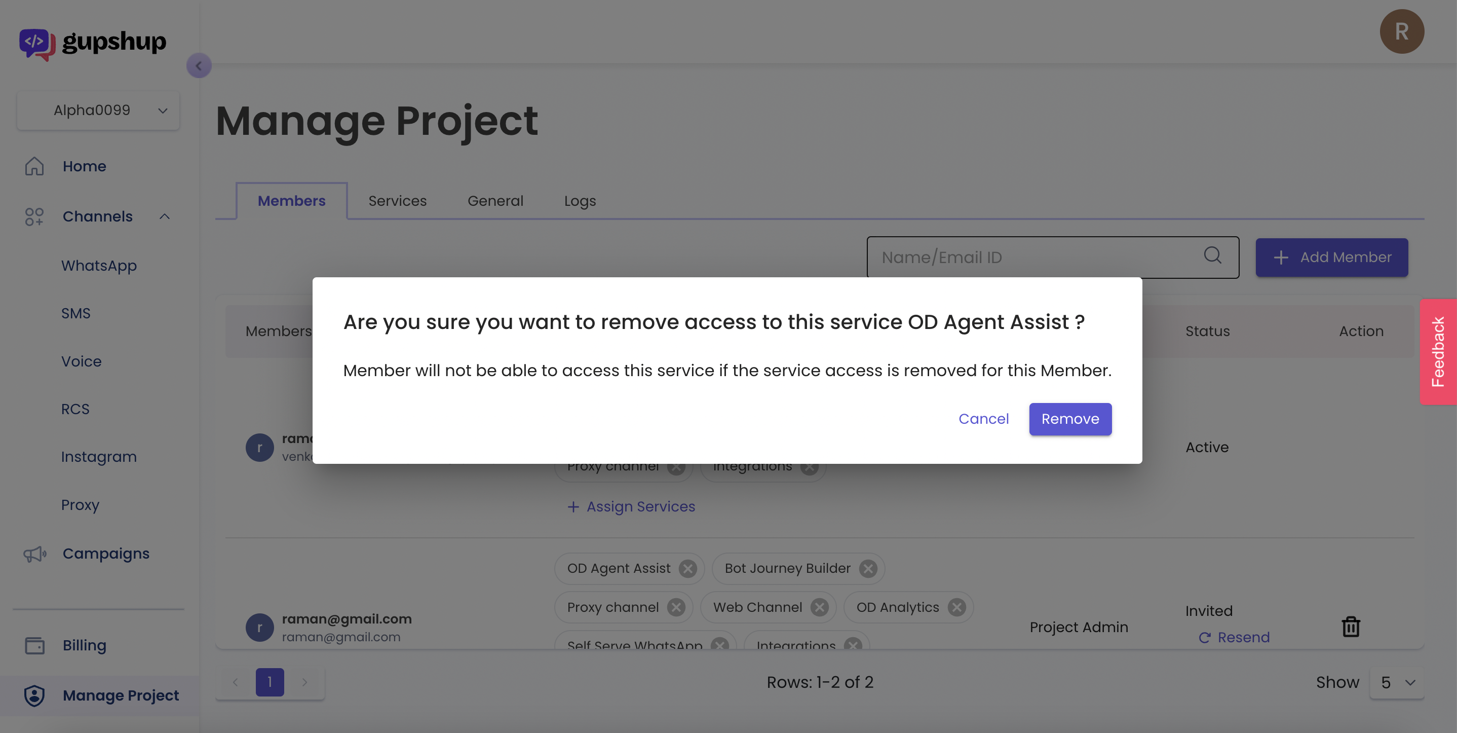 Assign/unassign Services to a Member