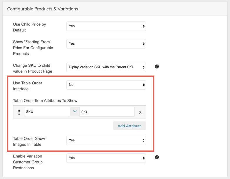Configurable Product Table Order Interface