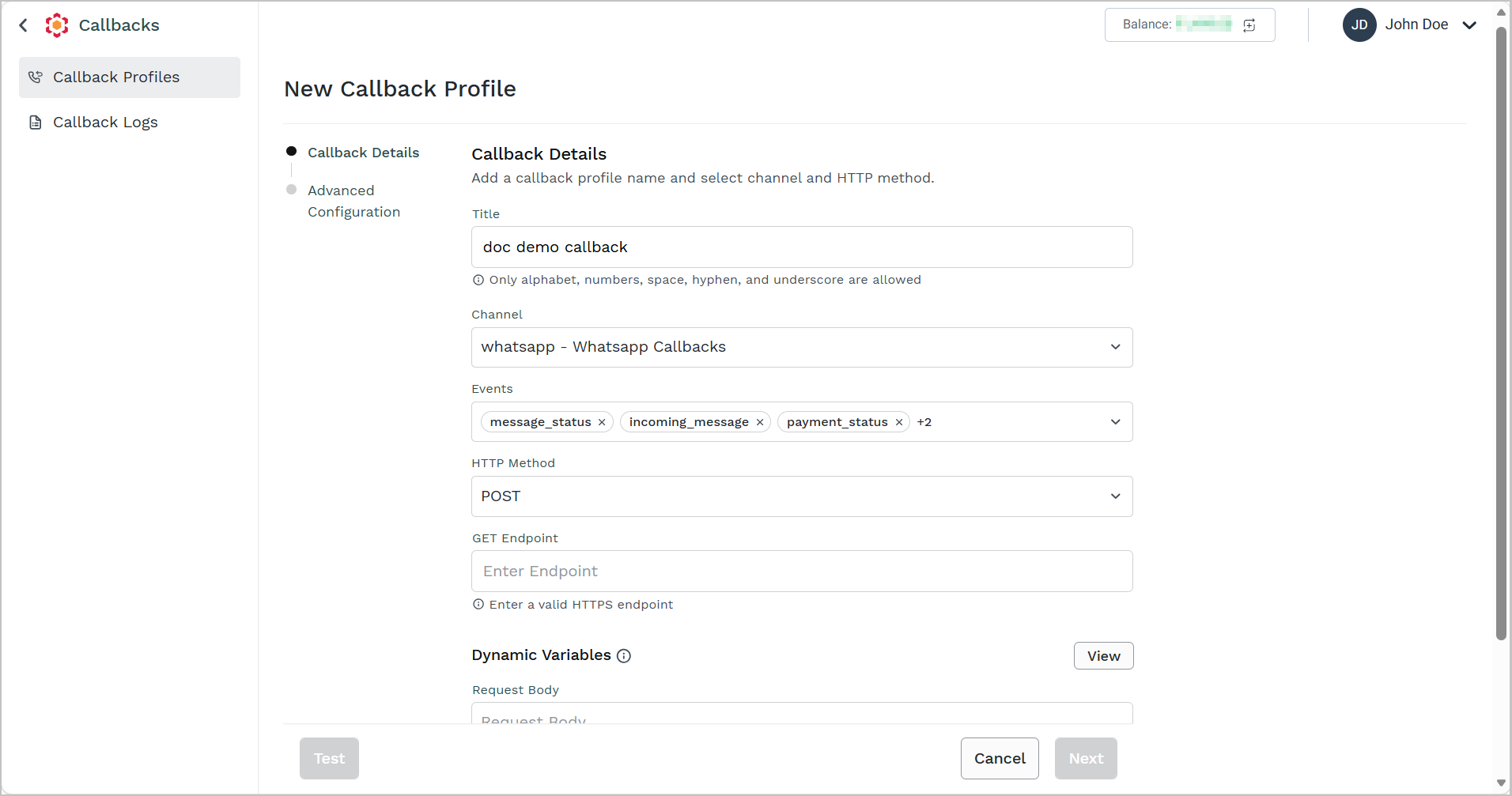 Create a Callback Profile