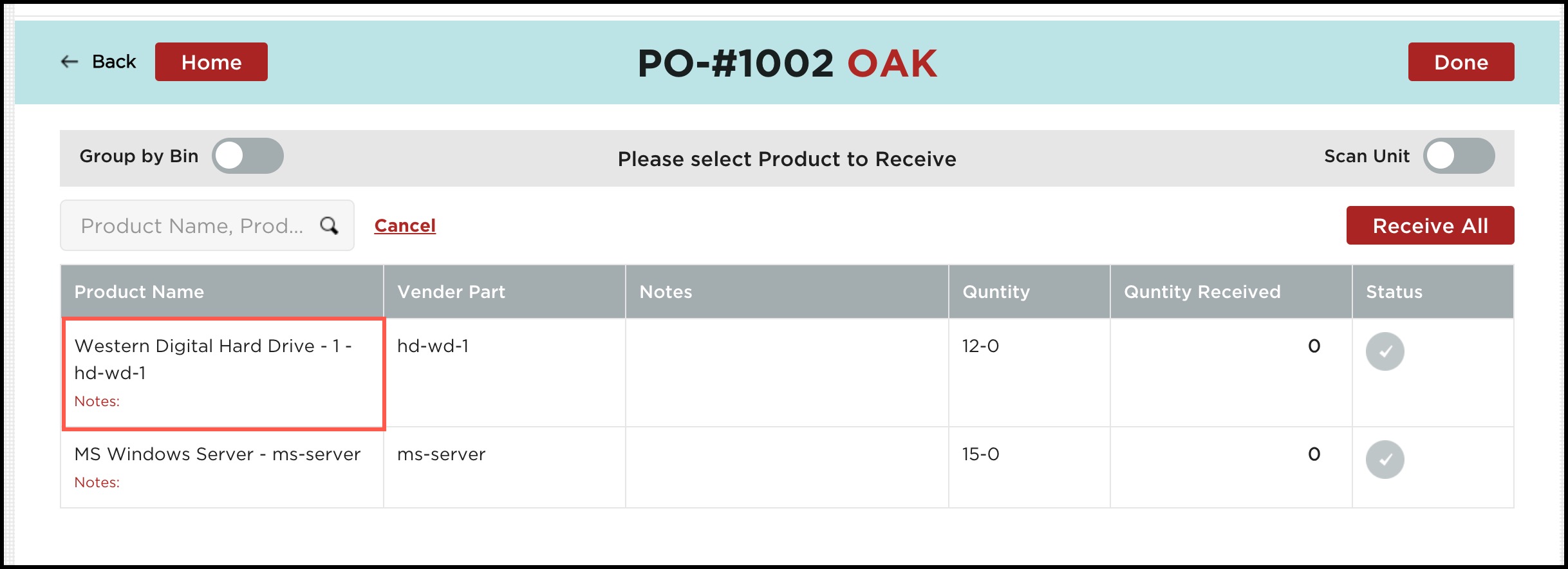 Receive Orders - Partial Receiving