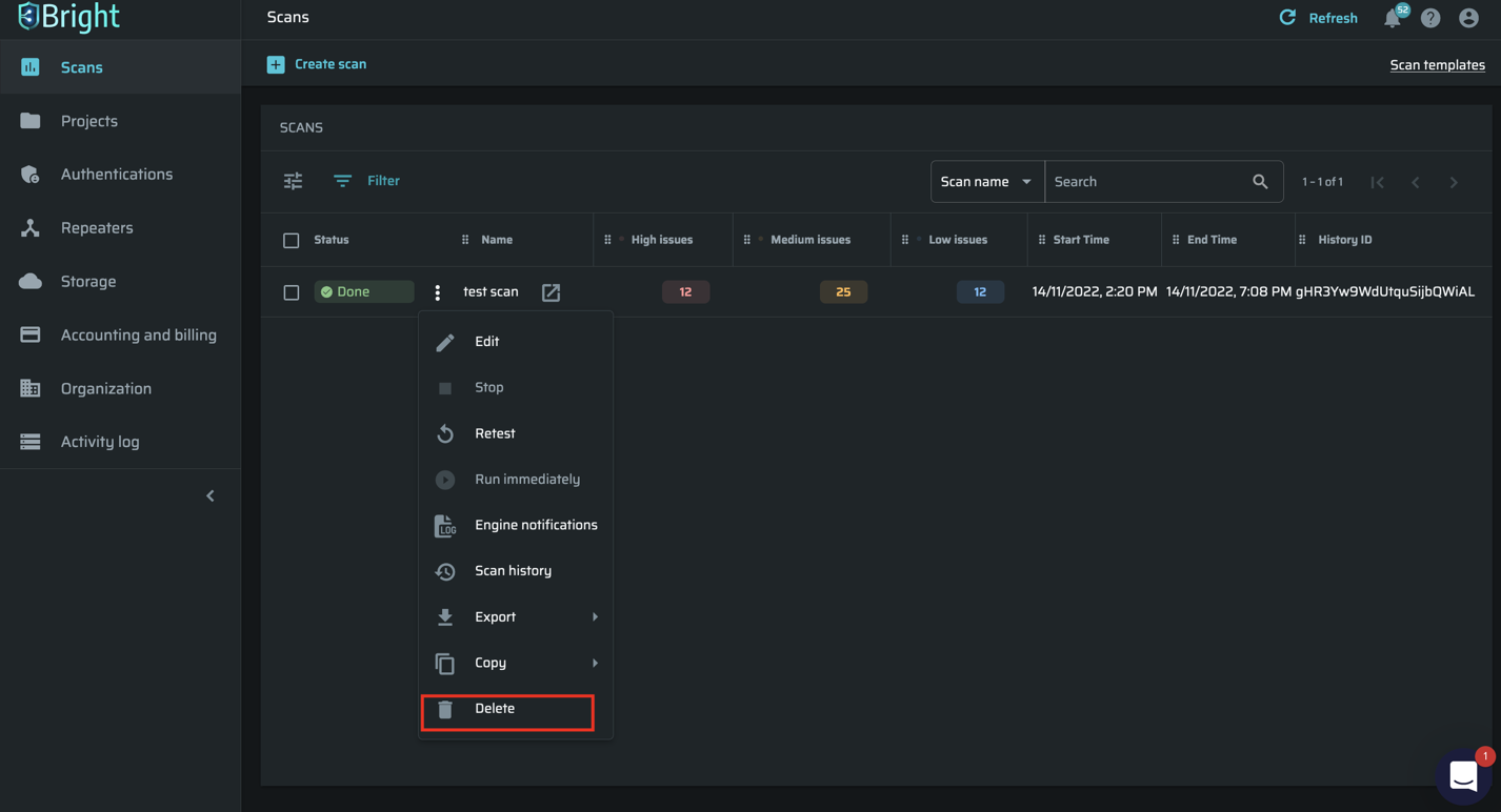 To delete a scan, follow these steps