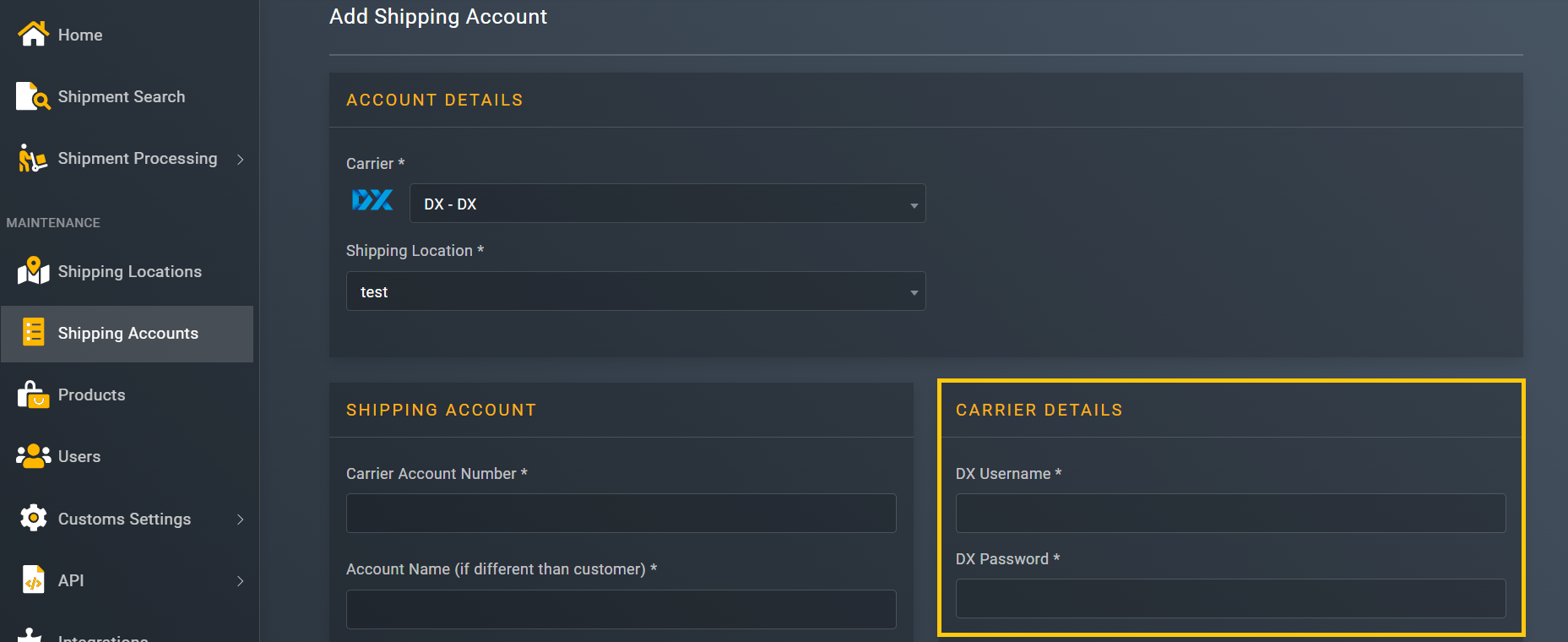 DX shipping account setup